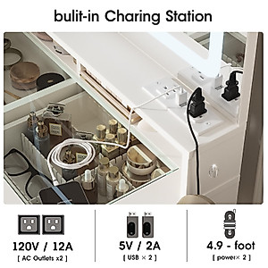 Vabches White Vanity Desk with Led Mirror&Charging Station,Glass Tabletop Vanity Table Set with Stool,Small Makeup Vanity with Drawers for Bedroom