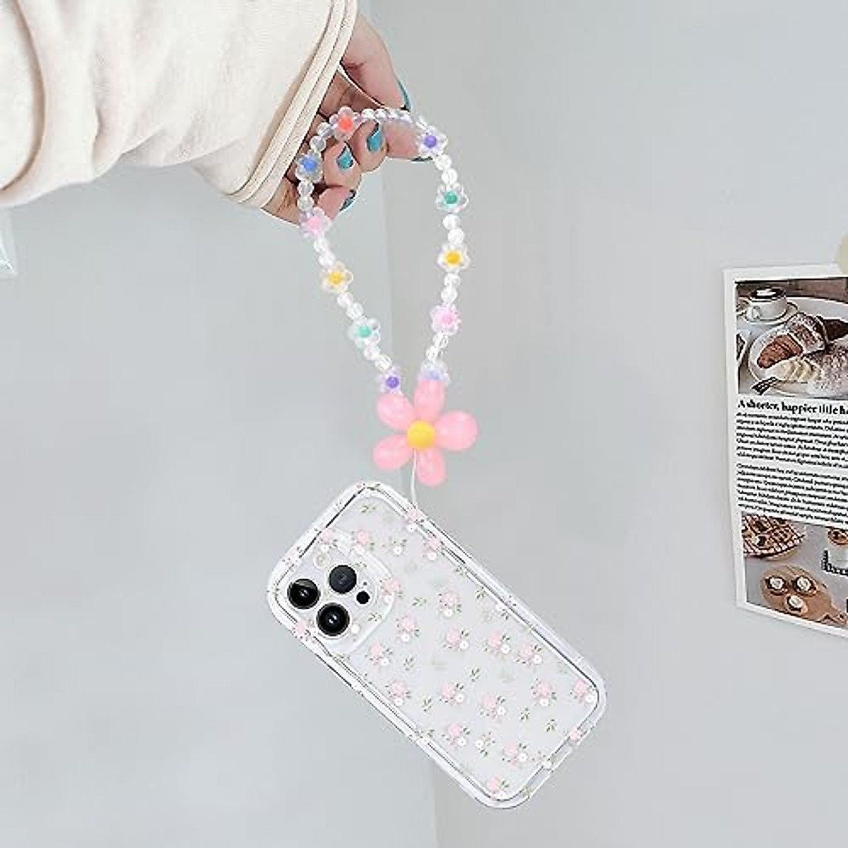 Newseego for iPhone 14 Pro Max Case, Cute Colorful Flower Clear Case with Lovely Flower Bracelet Chain for Women Girls Soft TPU Bumper Shockproof Protective Case Cover for iPhone 14 Pro Max-Pink White