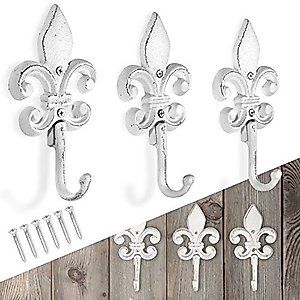 Decorative Hooks Shabby Chic Decor (3 Pack) Wall Mounted Farmhouse Decor Wall Hooks, Vintage Cast Iron Hooks for Coats, Bags, Hats, Towels - with Mounting Hardware (Simple Fleur De Lis Antique White)
