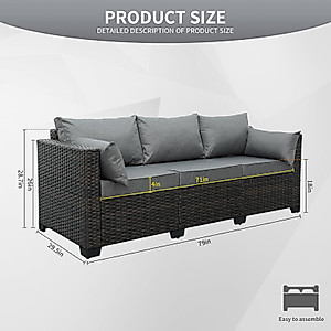 3-Seat Patio PE Wicker Couch Furniture Outdoor Brown Rattan Sofa with Washable Cushions(Grey)