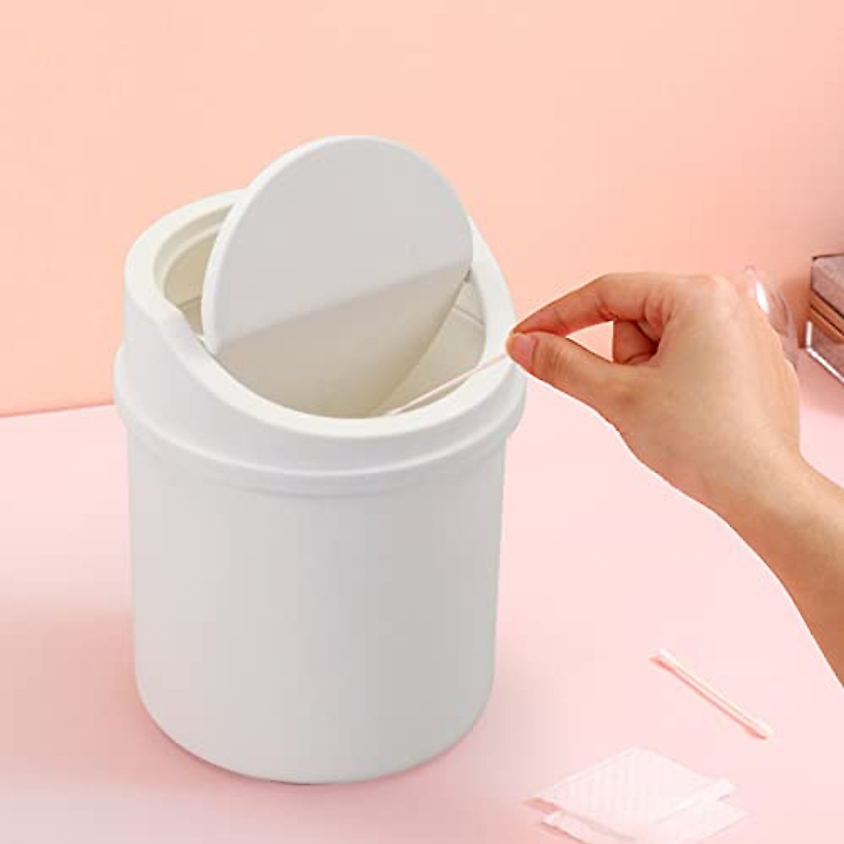 Callyne 0.5 Gallon White Tiny Desktop Waste Cans, Mini Swing Top Trash Can