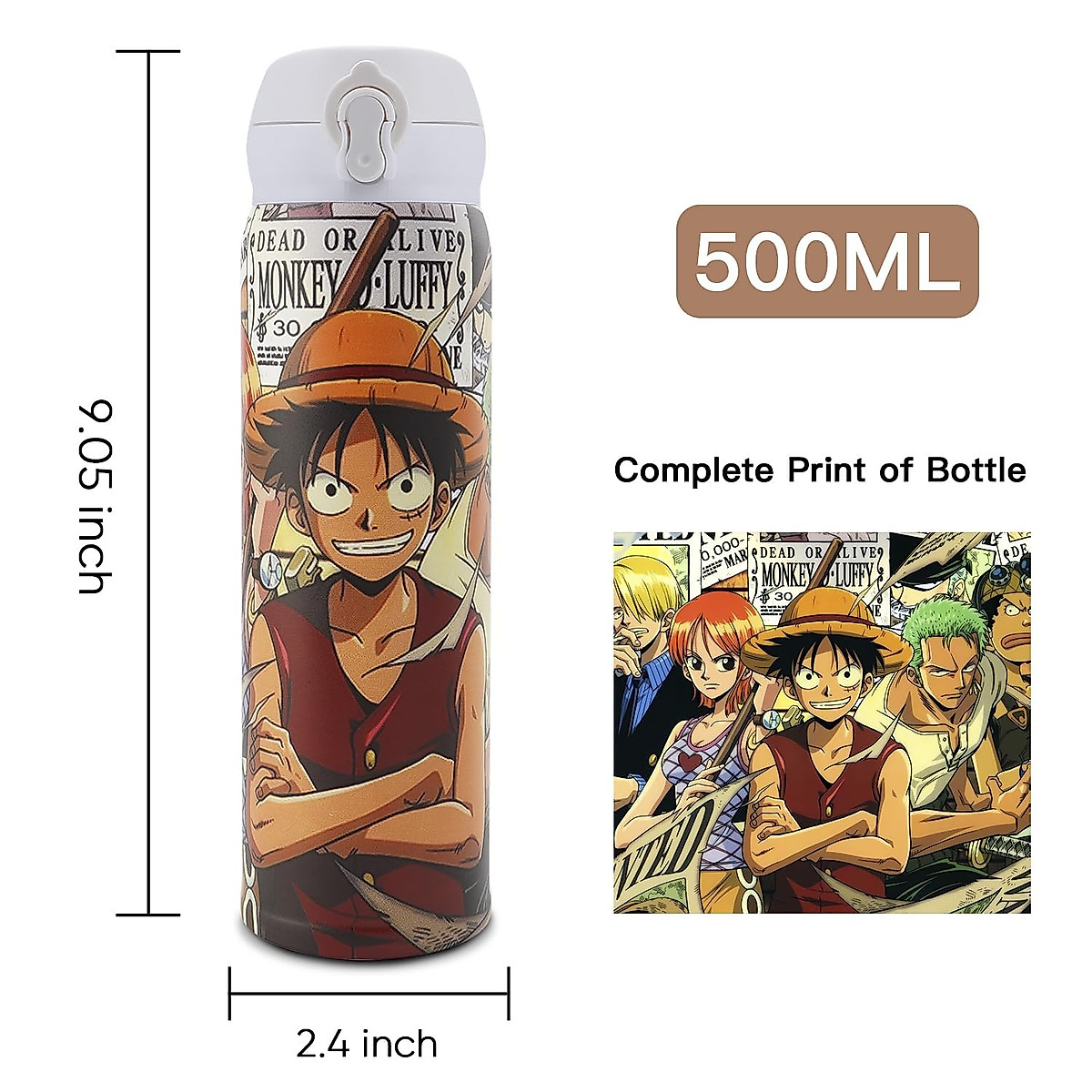 CNEISEJK Anime Piece Water Bottle, 16.9oz Vacuum Insulated Luffy Zoro Stainless Steel Cup Thermoses with Locking Cover Leak-Proof Design, 500ML, Orange