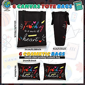 Kacctyen 12 Pcs Teacher Graduation Appreciation Gifts 6 Teacher Canvas Totes Bag 6 Makeup Pouch Cosmetic Bags Teacher Gifts (Teaching is a Work of Heart)