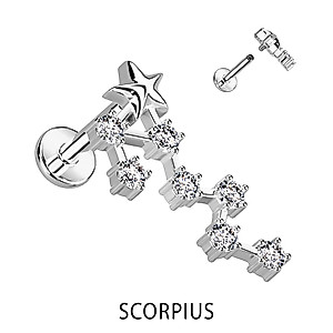Pierced Owl 18GA 316L Stainless Steel Internally Threaded CZ Crystal Zodiac Constellation Flat Back Stud (Scorpio)