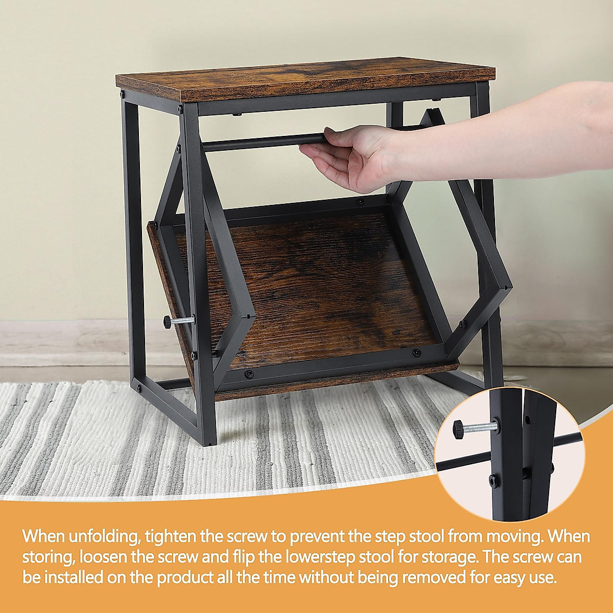 LIANTRAL Step Stool for Adults Kids, Sturdy Metal Frame Wooden Board Step Stool Helper, Supports Up to 350lb, Foot Stool, 2 in1 Step Stool for High Bed Kitchen Bathroom, Rustic Brown