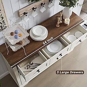 OKD Farmhouse Buffet Cabinet with Storage, 54" Sideboard with 3 Drawers, Sliding Barn Door, Wine and Glass Rack, Storage Shelves, Liquor Coffee Bar Cupboard for Kitchen, Dining Room, Antique White