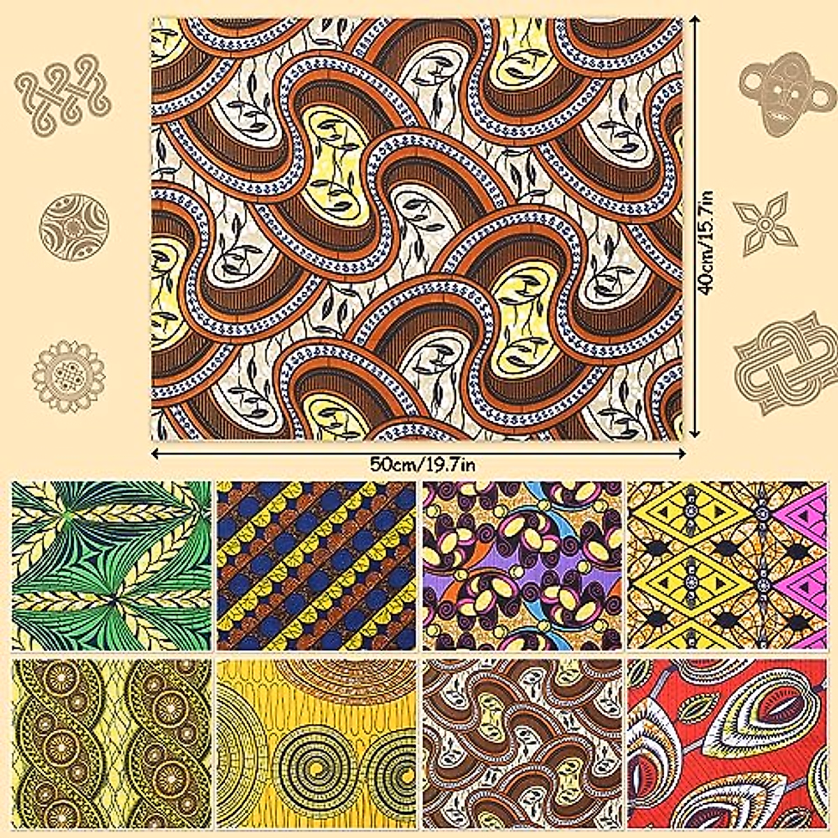 8 Pieces African Print Fabric 19.7x15.7inch/50x40cm Bohemian Ankara Ethnic Pattern Fat Quarters Fabric Bundle, Multicolored African Precut Patchwork for Face Covering Make Sewing DIY Quilting Supplies