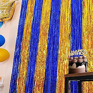 LOLStar 2 Pack Navy Blue and Gold Party Decorations, 3.3x6.6 ft Foil Fringe Curtains, Tinsel Backdrop, Graduation Photo Booth Prop Streamer Backdrop for Birthdays, Showers, Retirement, Graduations
