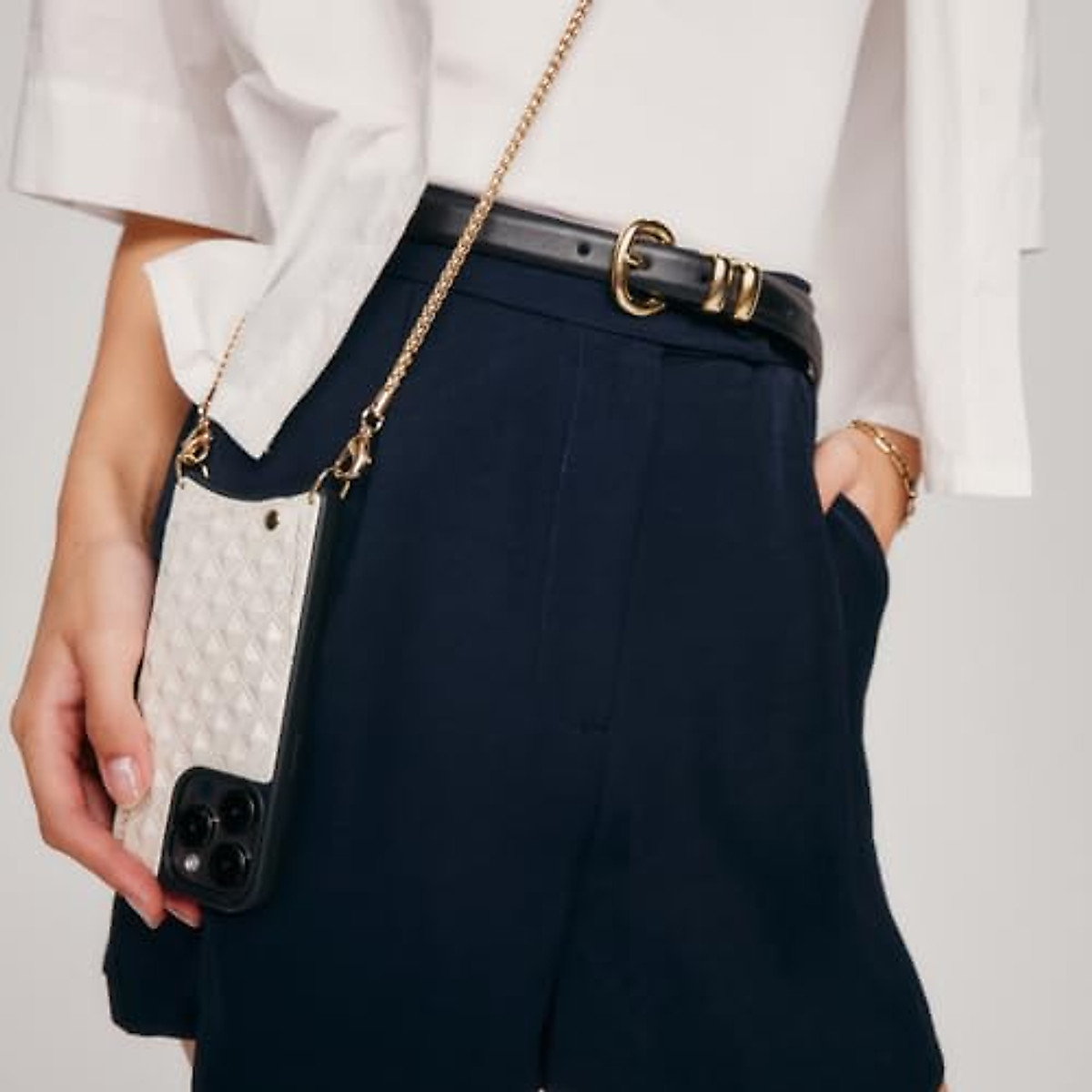 Bandolier Sheila Crossbody Phone Case and Wallet for iPhone 15 Pro - Pyramid Studded Vegan Leather with Gold Snake Chain Strap