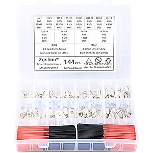 Wire Lugs Battery Cable Lugs AWG 10 8 6 4 Marine Grade Tinned Copper Wire Lugs Battery Cable Ends Eyelets SC Ring Terminal Connectors Assortment Kit with Heat Shrink Set-144Pcs