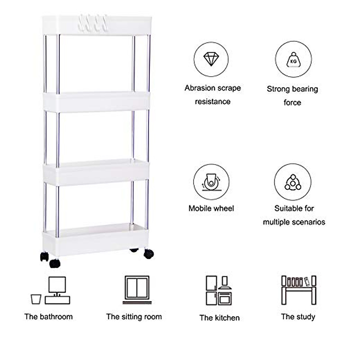 YooFZler 4 Tier Slim Storage Cart Mobile Tower Rack Rolling Shelving Unit Storage with Casters Wheels&4 Side Hoops for Kitchen Bathroom Laundry Room, White