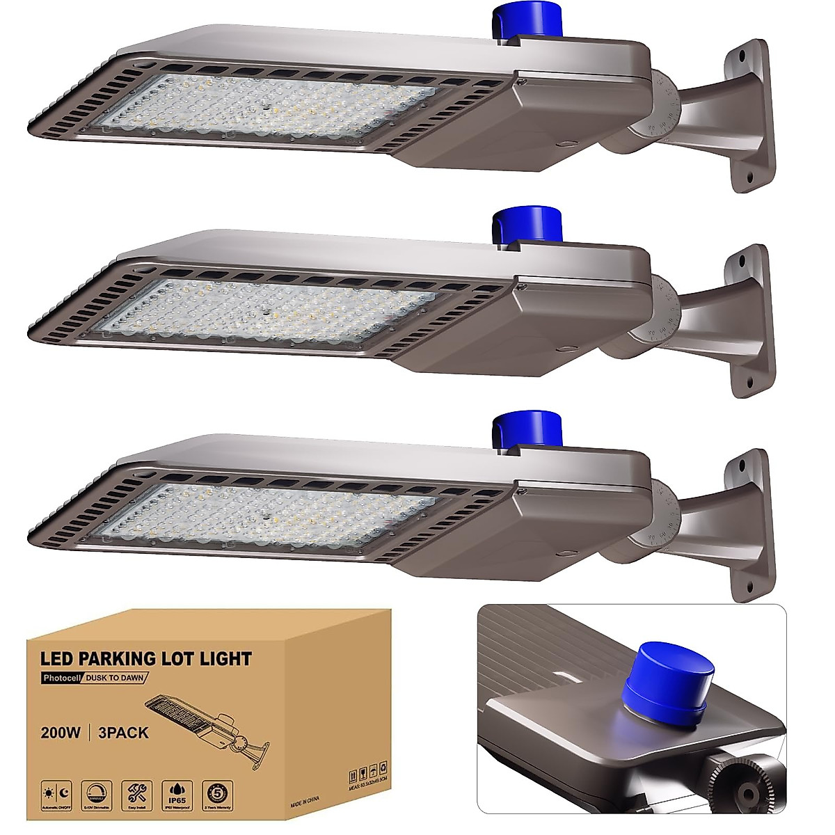JC-LGL LED Parking Lot Light 200W 3 Pack, LED Shoebox Light with Arm Mount, 28000LM 5000K Daylight, IP65 Waterproof Dusk to Dawn Parking Lot Light, LED Area Light for Parking Lot Roadway