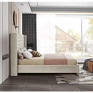 Meridian Furniture Aiden Collection Modern | Contemporary Velvet Upholstered Bed with Deep Button Tufting, Solid Wood Frame, and Custom Chrome Legs, Full, Cream