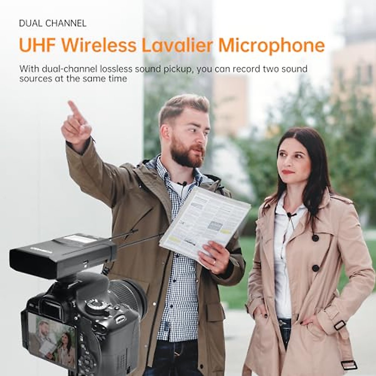 Comica CVM-WM100PLUS - Wireless Microphone System for Cameras, Camcorders, Smartphones, Laptops, Professional UHF Wireless Lavalier Lapel Microphone with Dual-Channel Recording, AA Batteries