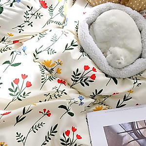 DECOVOGUE Red Yellow Floral Pattern Duvet Cover Set, Green Leaves Printed Decor Microfiber Soft for Kids Girls Boys Girls Man Women, Nature Botanical Comforter Sheets and Pillow Cases (Twin)