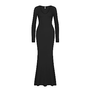 REORIA Women's Sexy Soft Lounge Ribbed Long Dress Fall Elegant Formal Wedding Guest Long Sleeve Deep V Neck Bodycon Maxi Dresses Black Small