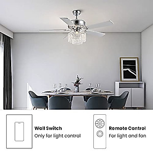 CROSSIO 52 Inch Crystal Ceiling Fan with Light and Remote Control, Modern Chandelier Fan with 5 Reversible Wood Blades Chrome Fandelier for Living Room Bedroom (Fine line Crystal-Ceiling Fan)