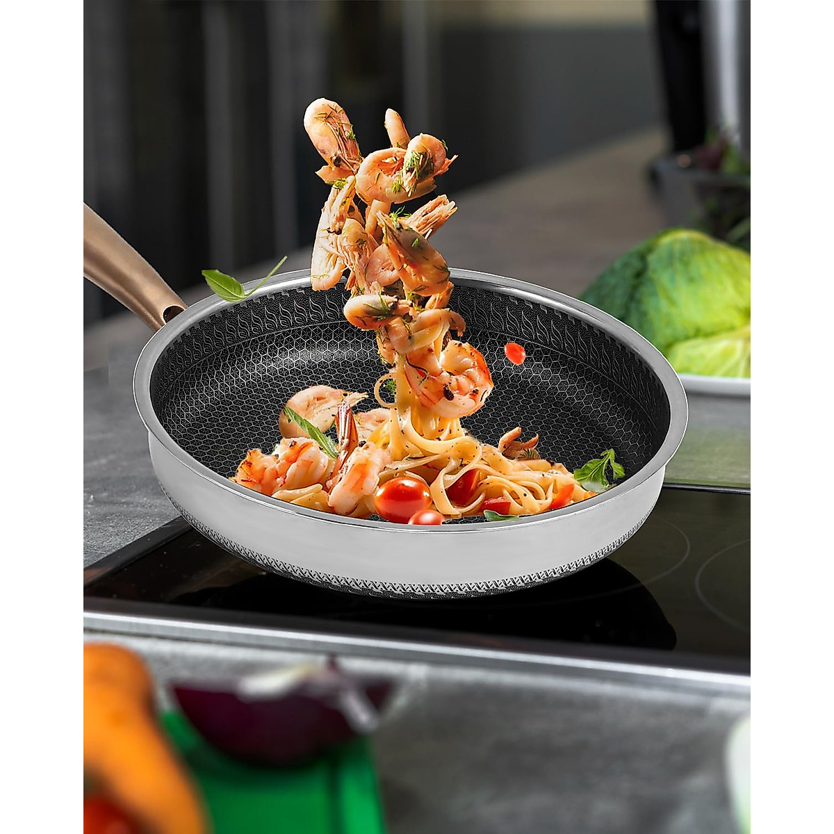 Bakpoco Frying Pans Nonstick, 12 inch Hybrid Non Stick Frying Pan with Lid, Stainless Steel Non Toxic PFOA Free Scratch-resistant Coating Skillets, Dishwasher & Oven Safe Induction Compatible Cookware