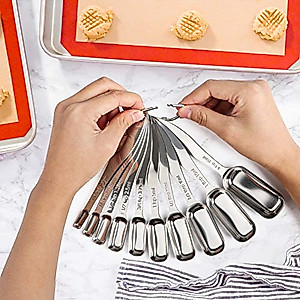 FANGSUN Stainless Steel Narrow Measuring Spoons, Heavy Duty Metal Measuring Spoons with Long Handle and Engraved Measurements Set of 10, For Dry or Liquid, Fits in Spice Jar