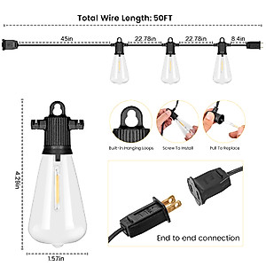 LED Outdoor String Lights, 50 FT Waterproof Patio Lights with 25+2 ST38 Vintage Edison Shatterproof Bulbs, Connectable Dimmable Hanging Lights for Backyard Bistro Cafe Garden Gazebo - Warm White