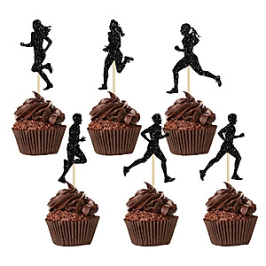 24Pcs Running Cupcake Toppers Black Glitter Sports Fitness Cupcake Picks for Running Theme Boys Girls Birthday Party Cake Decorations Supplies