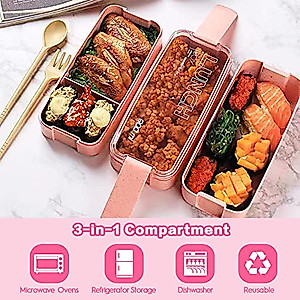 jijoe 27 PCs Bento Box Lunch Box Kit, Stackable 3-in-1 Compartment Japanese Lunch Box Set w/Soup Cup Sauce Can, Spoon Fork, Cake Cups, Fruit Picks, Snack Bags, Leakproof Lunch Containers