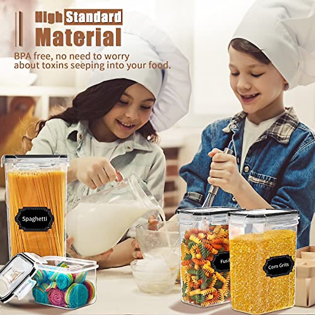 PRAKI Airtight Food Storage Container Set, 16 Pcs BPA Free Plastic Dry Food Canisters for Kitchen Pantry Organization and Storage Ideal for Cereal, Flour & Sugar - Labels, Marker(Black)