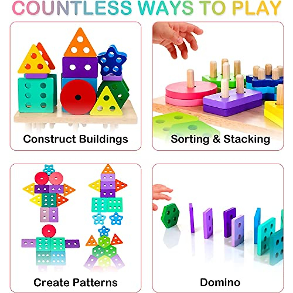 HELLOWOOD Wooden Sorting & Stacking Toys, Montessori Toys for 1 2 3 Years Old Toddlers, Shape Sorter Puzzles with 24-Piece Large Geometric Blocks & 12 Word Cards, Gift for 12+ Months Baby Boys Girls