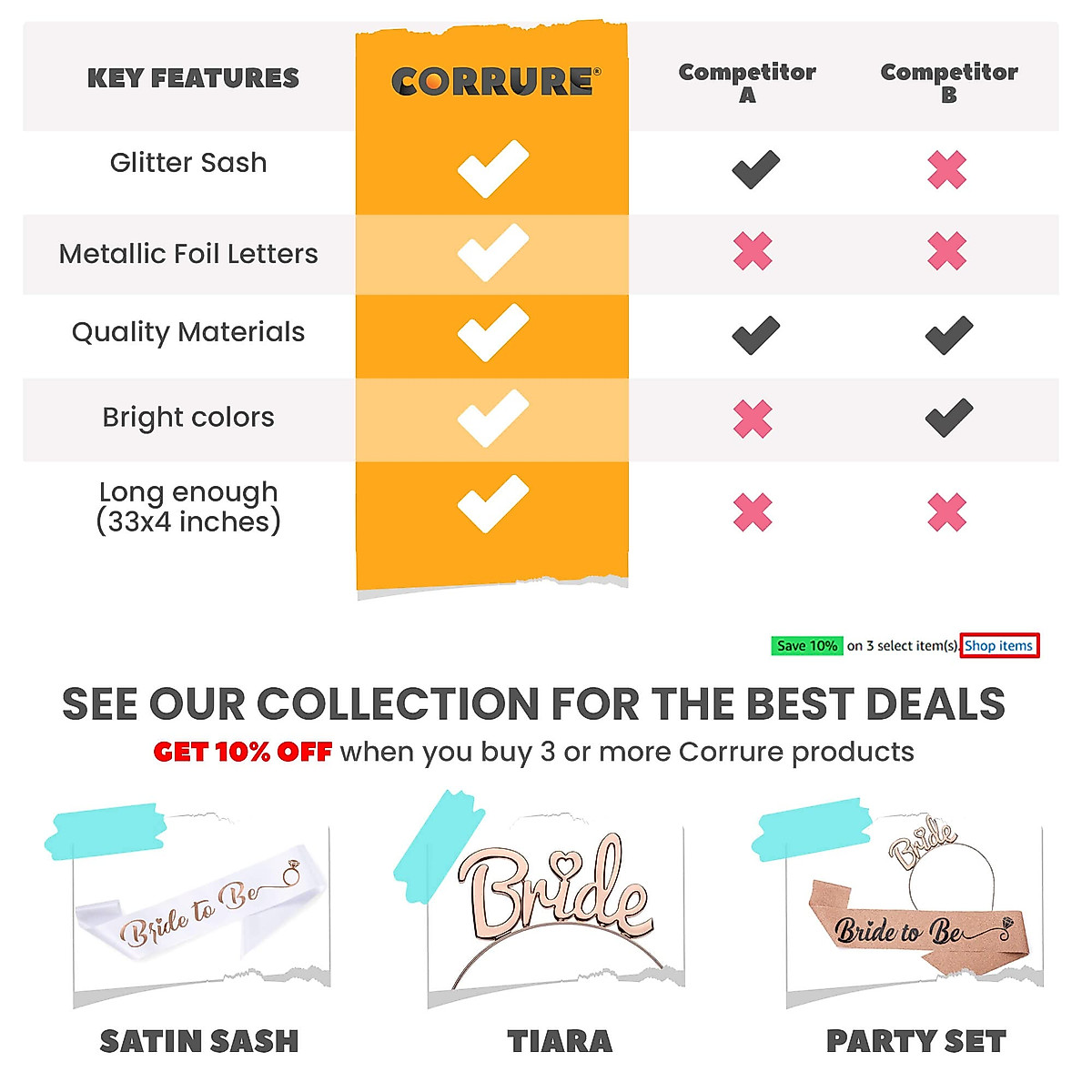 CORRURE 'Bride to Be' Sash for Bachelorette Party - Bridal Shower Silver Glitter Sash with Black Foil Lettering - Hen Party Decorations Supplies Accessories, Wedding Engagement Party Favors Gift