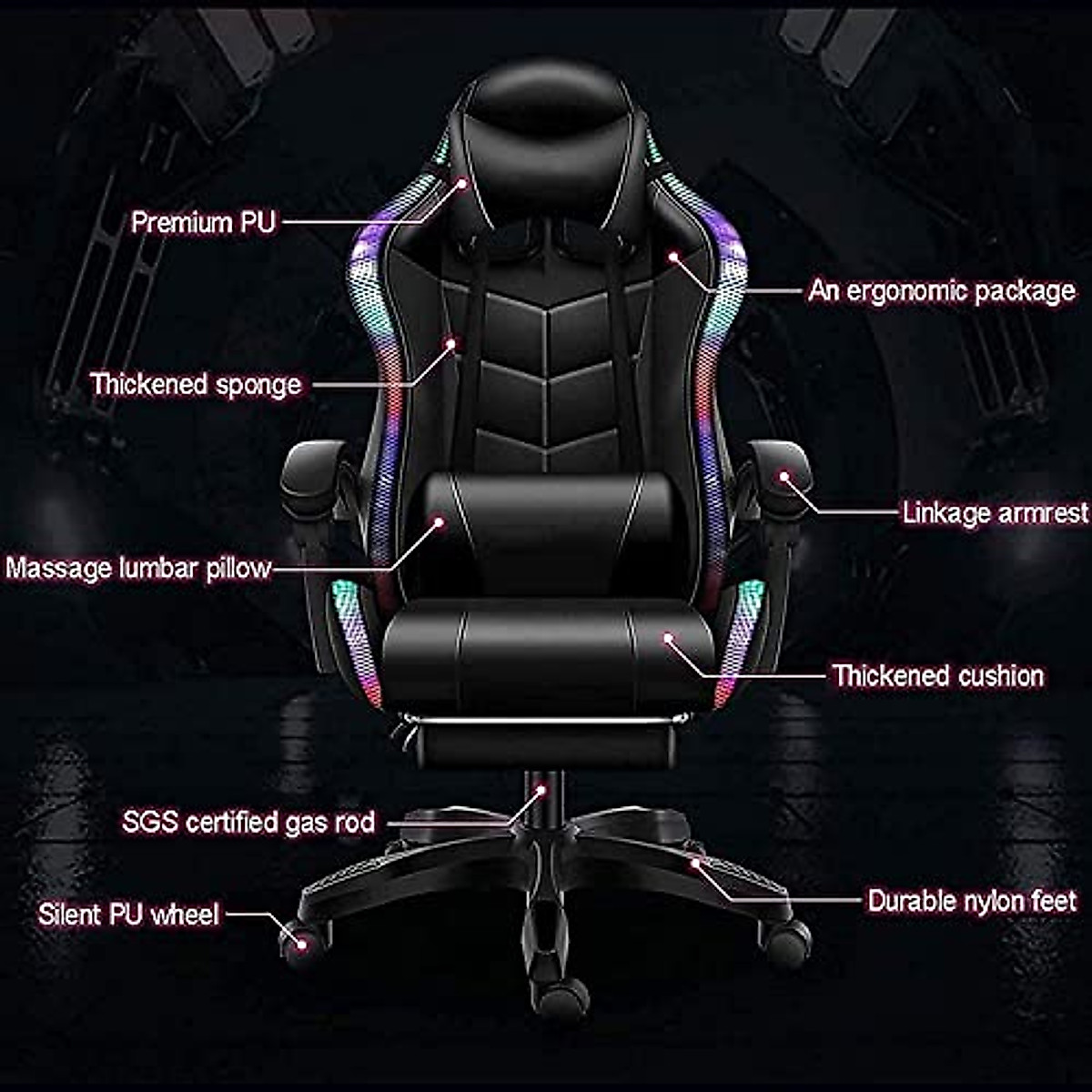 BOYIDAI Gaming Chair with Footrest, Ergonomic Gaming Chair with Speakers and LED Light High Back Massage Video Game Chairs Pu Leather Comfortable Computer Office Chair (Color : Red+Black)