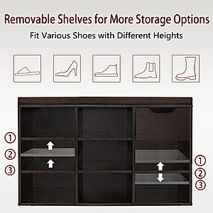 DINZI LVJ Shoe Bench, Entryway Storage Bench with Drawer and 8 Cubbies, Cubby Shoe Rack with Adjustable Shelves, Shoe Organizer Cabinet for Living Room, Bedroom, Mudroom, Closet and Garage, Espresso