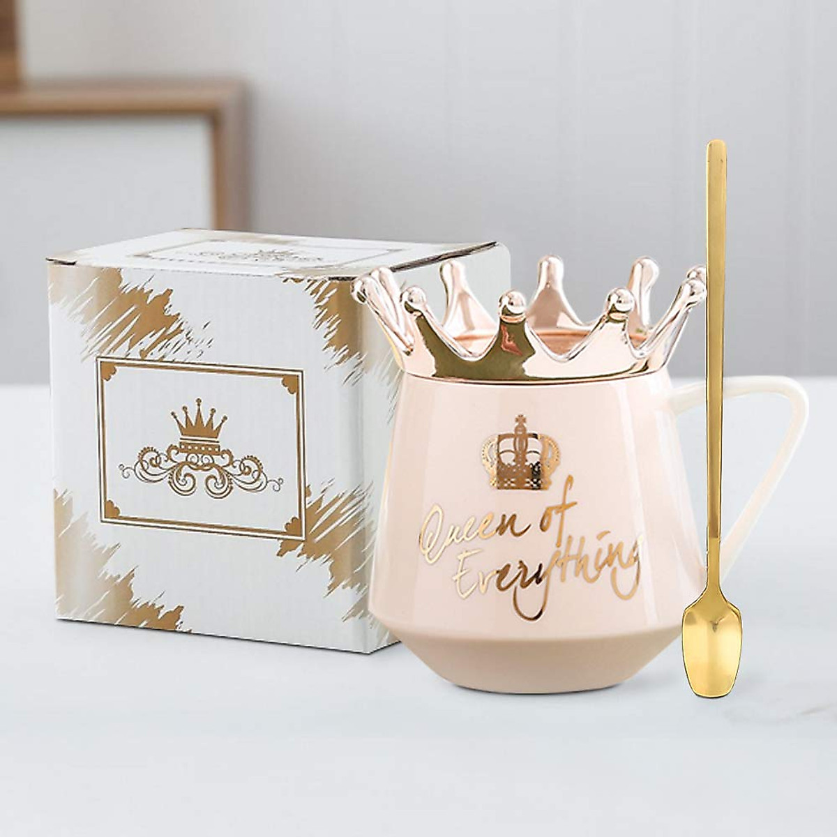 NA Crown Coffee mug, Queen of Everything Mug Perfect for Women, Cute Pink Ceramic Coffee Tea Mug with Crown Lid and Golden Spoon for Hot Cold Beverage, Gift for Women, (Navy), Navy Blue
