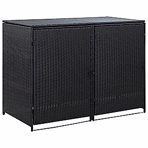 vidaXL Double Wheelie Bin Shed Poly Rattan Wicker Black Garden Dustbin Storage