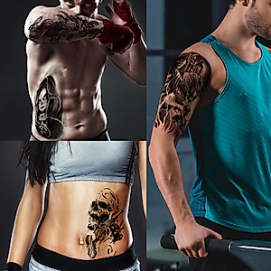 Hotoyannia 82 Sheets Large-Size Black Temporary Tattoos Stickers, Includes 10 Large-Size Fake Tattoos That Look Real and Last Long, Halloween Tattoos Include Wolf Lion Tiger Skeleton Skull Tattoos