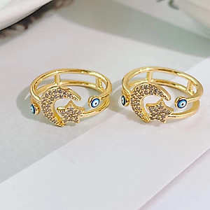 CZ Star Moon Blue Evil Eye Wrap Open Rings 18K Gold Plated Sparkly Cubic Zirconia Good Luck Double Lines Statement Adjustable Stacking Middle Tail Finger Ring for Women Symbol of Protection Talisman Amulet Lucky Jewelry Fashion Gifts for Mom