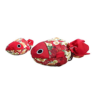 BARbee Red Japanese Chirimen & Kimono Print Fabric Goldfish Drawstring Pouch Coin Dice Purse Cosmetic Jewelry Key Travel Storage Bag Valentine's Day Gift Christmas Gift (Large)