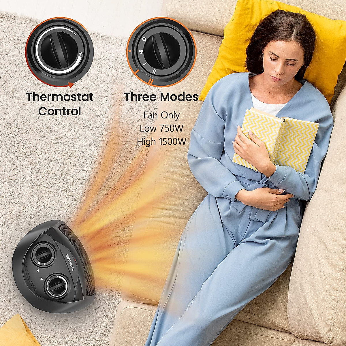 andily Compact Portable Ceramic Space Heater with Adjustable Comfort control Thermostat, 3 settings, Easy handle, Great for use in Home, Dorm, Office Desktop, and Kitchen, ETL for Safe (Black)