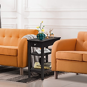 Giantex End Table with Drawer, Narrow Side Table with 2-Tier Open Storage Shelves, Slim Side End Table Compact Nightstand Bedside Table for Living Room Bedroom Small Space, Black