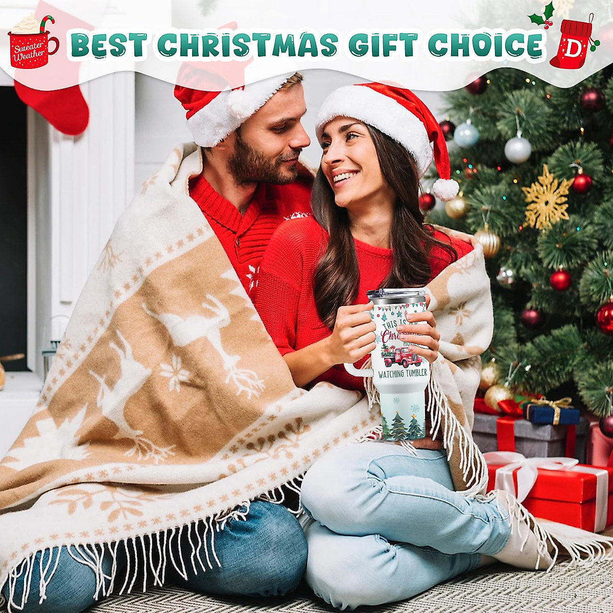 Christmas Movie 40oz Insulated Tumbler Cup With Handle and Straws - Holiday Xmas Vacation Gifts for Friends, Family, Coworkers - This Is My Christmas Movies Watching Mug