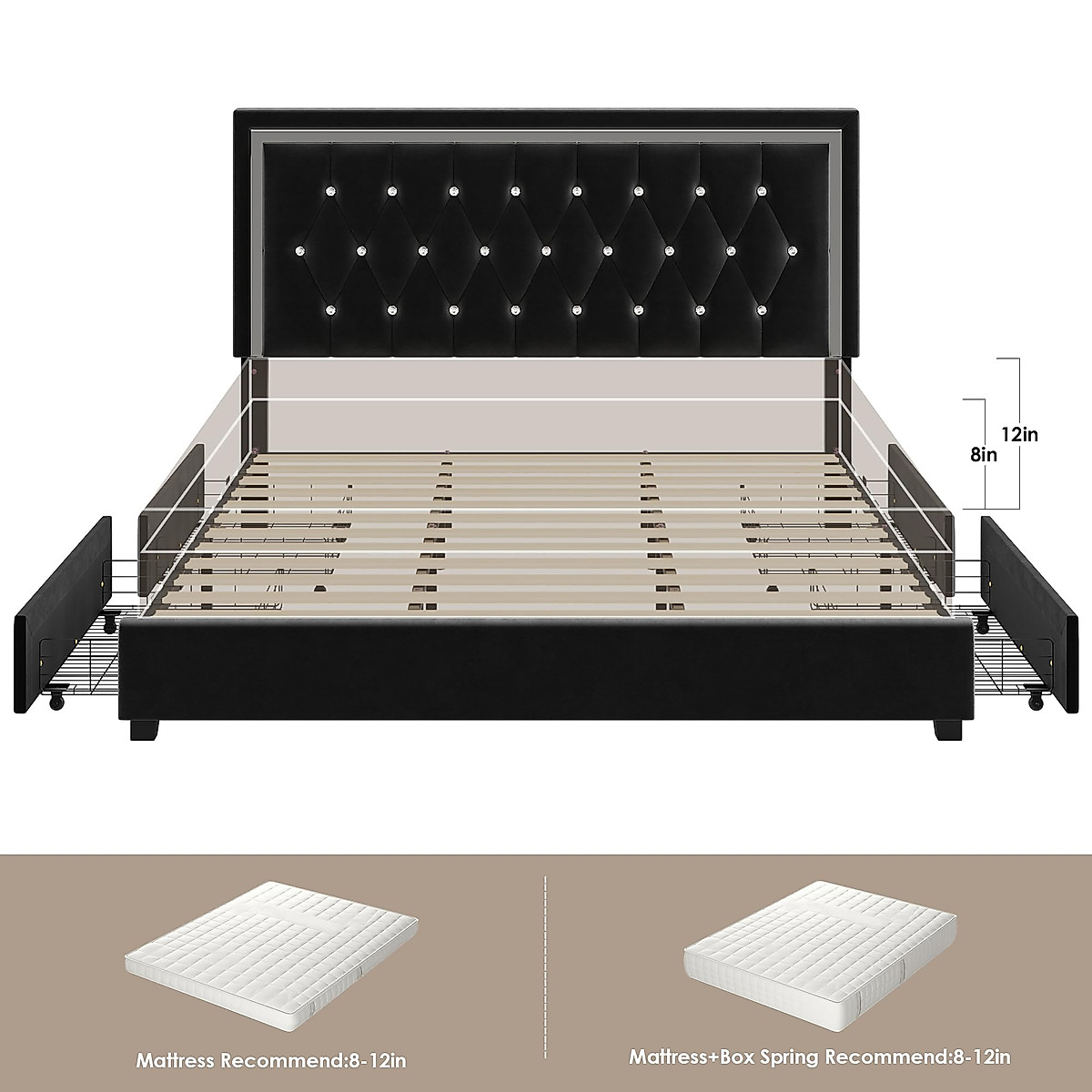 HITHOS King Size Bed Frame with 4 Storage Drawers and Adjustable Headboard, Modern Upholstered Platform Bed with Wood Slat Support, Diamond Button Tufted Design, No Box Spring Needed (Black, King)