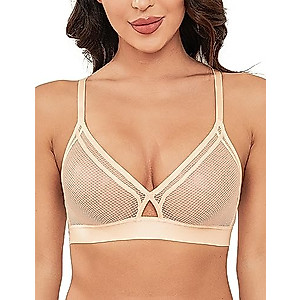 Wingslove Women's Sheer Mesh Bra Sexy Lace See Through Bralette Unlined Wireless Plunge Triangle Transparent Bras (Nude,36D)