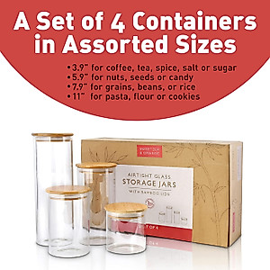 Glass Food Storage Containers with Lids by Sweetzer and Orange - Set of 4 Kitchen Canisters - Candy, Cookie, Rice and Spice Jars - Sugar or Flour Container - Big and Small Airtight Food Jar for Pantry
