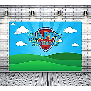 7x5ft Puppy Dog Happy Birthday Photography Backdrops Shield Blue Sky Boys Birthday Party Table Banner Background for 1st