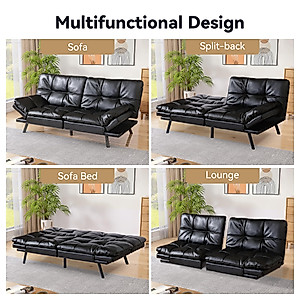 AMICLIBER Memory Foam Faux Leather Futon Sofa Bed Couch,Convertible Futon Sofa Couch,Loveseat Sleeper Sofa Bed,Small Splitback Modern Sofa Bed for Living Room,Office,Apartment,Bright Black