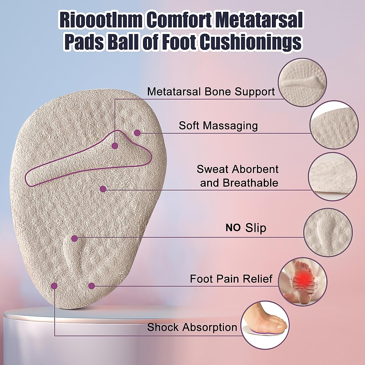 Riootlnm Metatarsal Pads, Ball of Foot Cushions, Heel Pads Inserts for Too Big Shoe, Reduce Foot Pain, No Slip Heel Grips Liners Shoe Pads for Loose Shoe, Blisters(Beige+Black)
