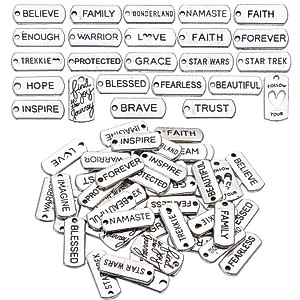 Aylifu 50 Pieces Mixed Inspirational Words Charms Pendants Tibetan Silver Craft Supplies Inspiration Message Beads Charms for Jewelry Making DIY Handmade Craft, 25 Types