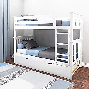 Max & Lily Bunk Bed, Twin-Over-Twin Wood Bed Frame For Kids With Trundle, White
