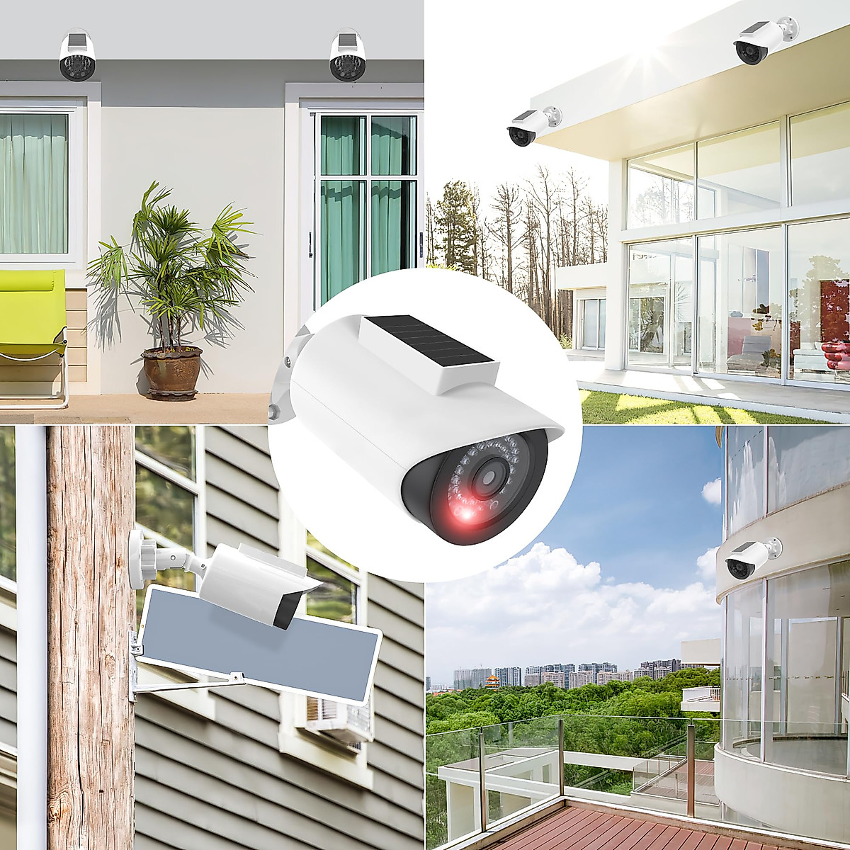 BNT Solar Powered Fake Security Camera, Bullet Shape Fake Surveillance Camera with Red LED Light for Night, Security Warning Sticker, for Outdoor Safety Alert (White 4Pack,Battery not Included)