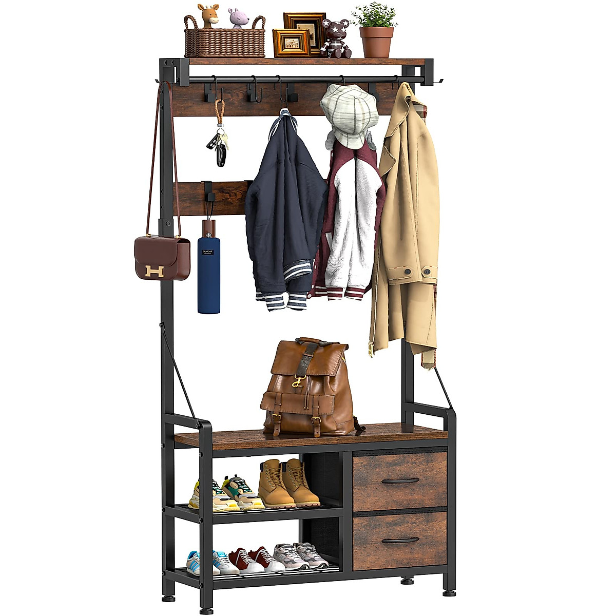 Lulive Hall Tree, 31.5” Entryway Bench with Coat Rack freestanding, 5 in 1 Intelligent Design Shoe Bench and Wall Rack 17 Hooks and Drawers (Rustic Brown)