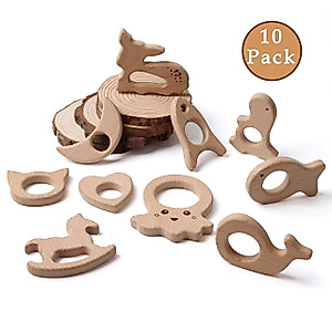 Baby Organic Wood Teether Set DIY Rattle Ring for Infant Gum Relief Grasping Toy Jewelry Holder, Rocket Heart Moon Jellyfish Hobbyhorse Bear Dinosaur Fish Deer Whale